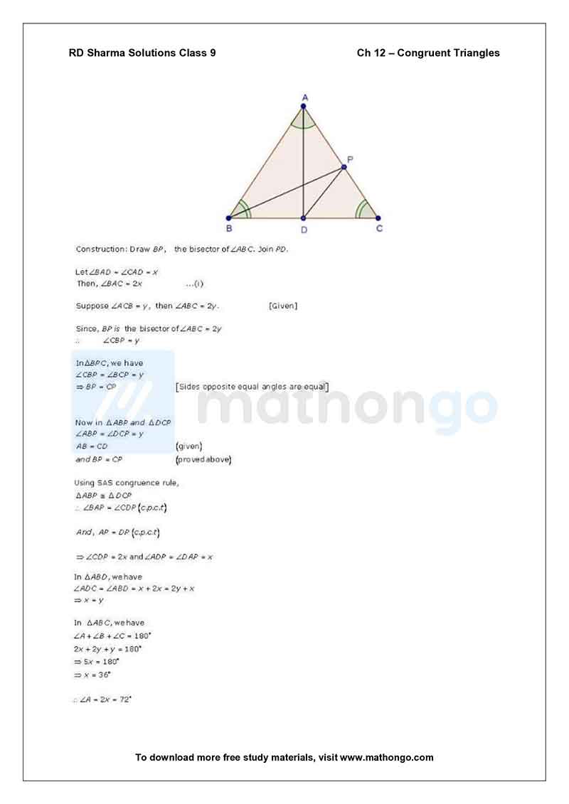 RD Sharma Class 9 Solutions Chapter 12 – Congruent Triangles – MathonGo