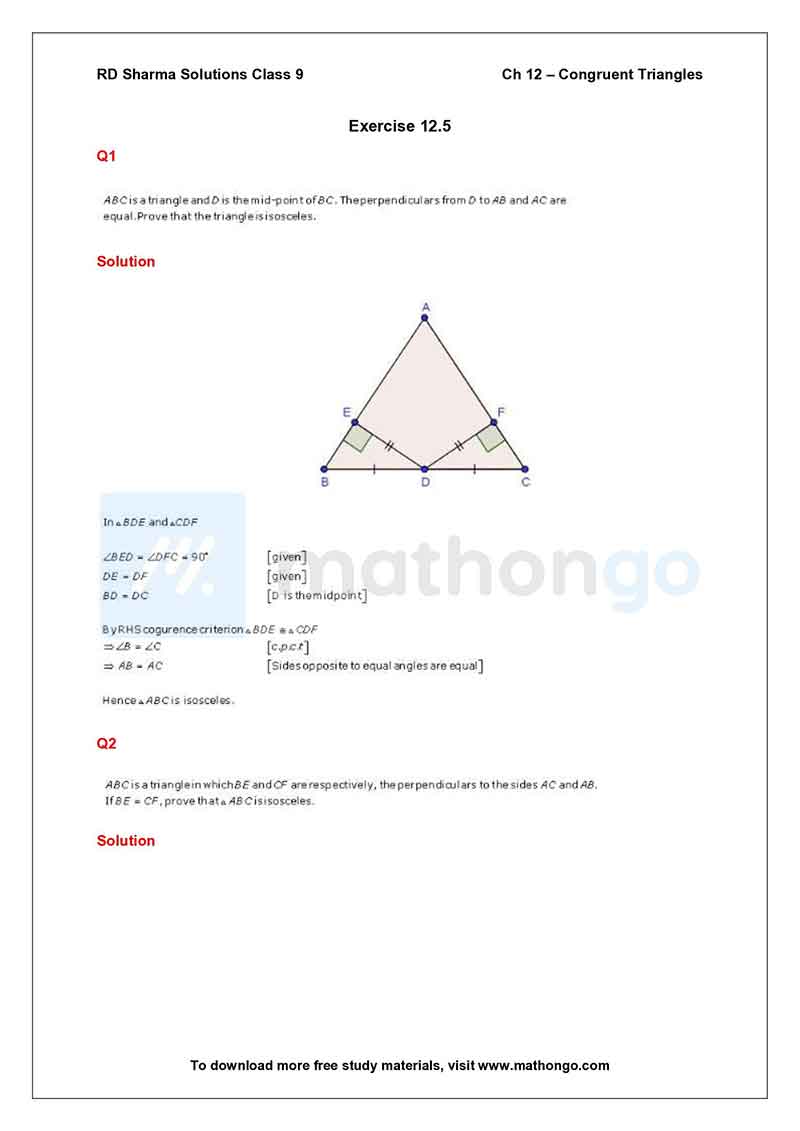 RD Sharma Class 9 Solutions Chapter 12 – Congruent Triangles – MathonGo