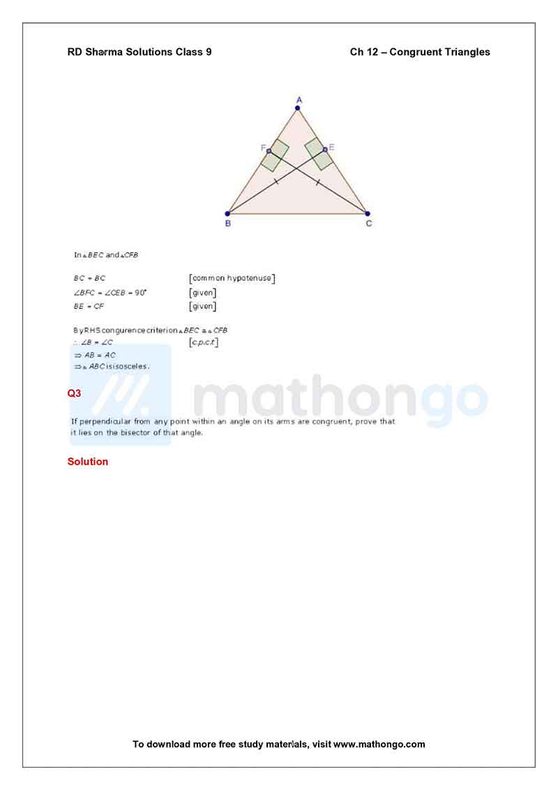 RD Sharma Class 9 Solutions Chapter 12 – Congruent Triangles – MathonGo