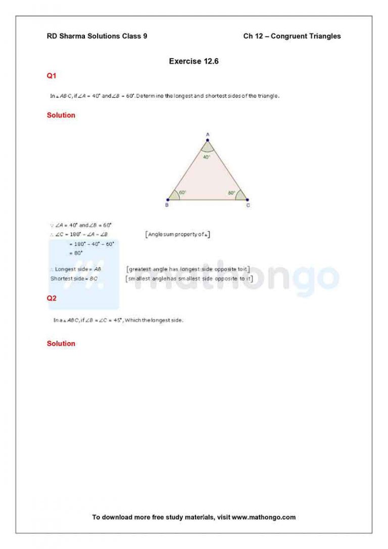 RD Sharma Class 9 Solutions Chapter 12 – Congruent Triangles – MathonGo