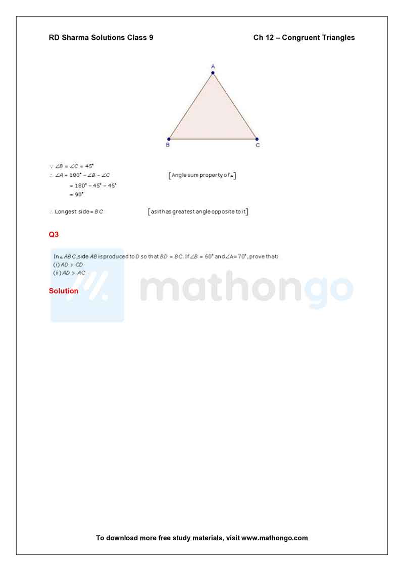 RD Sharma Class 9 Solutions Chapter 12 – Congruent Triangles – MathonGo