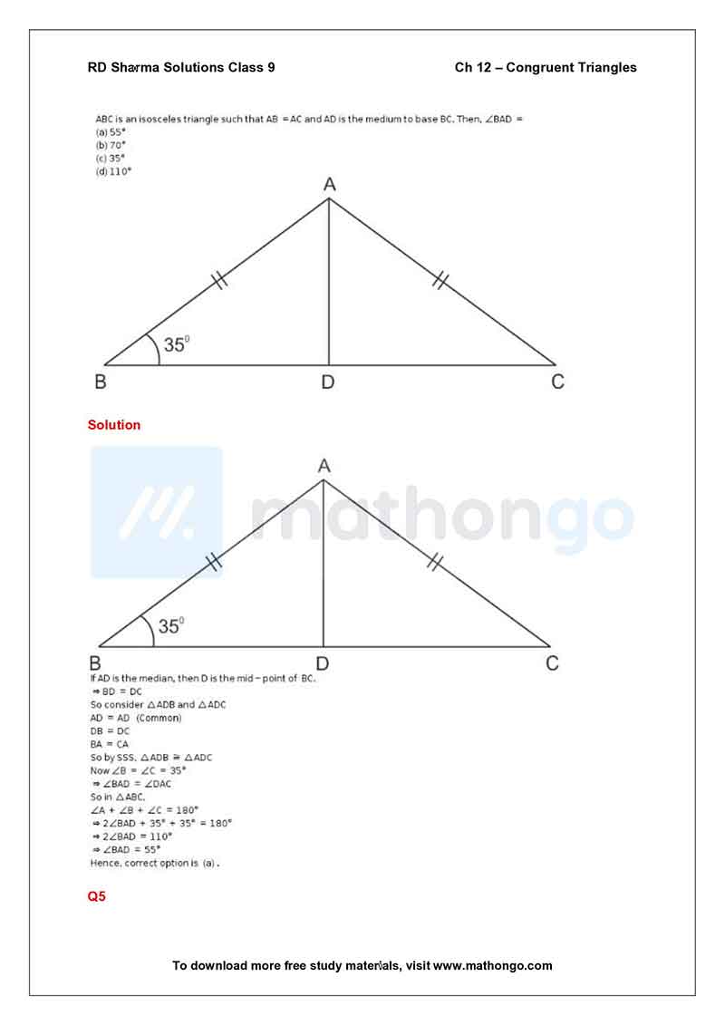 RD Sharma Class 9 Solutions Chapter 12 – Congruent Triangles – MathonGo