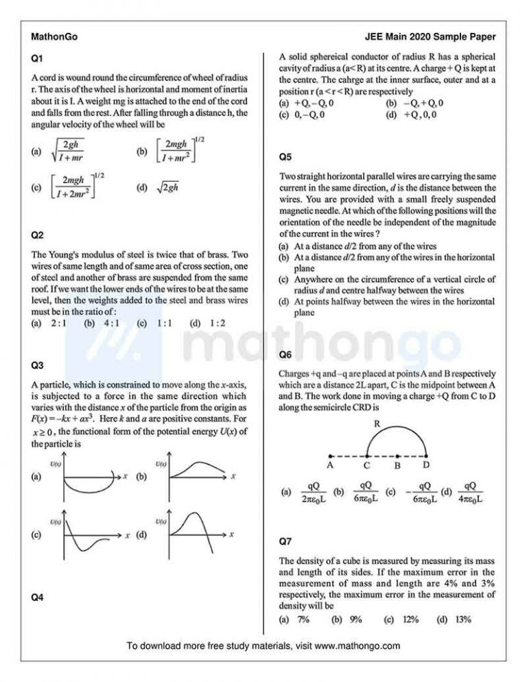 JEE Main 2020 Sample Mock Paper-1 – MathonGo