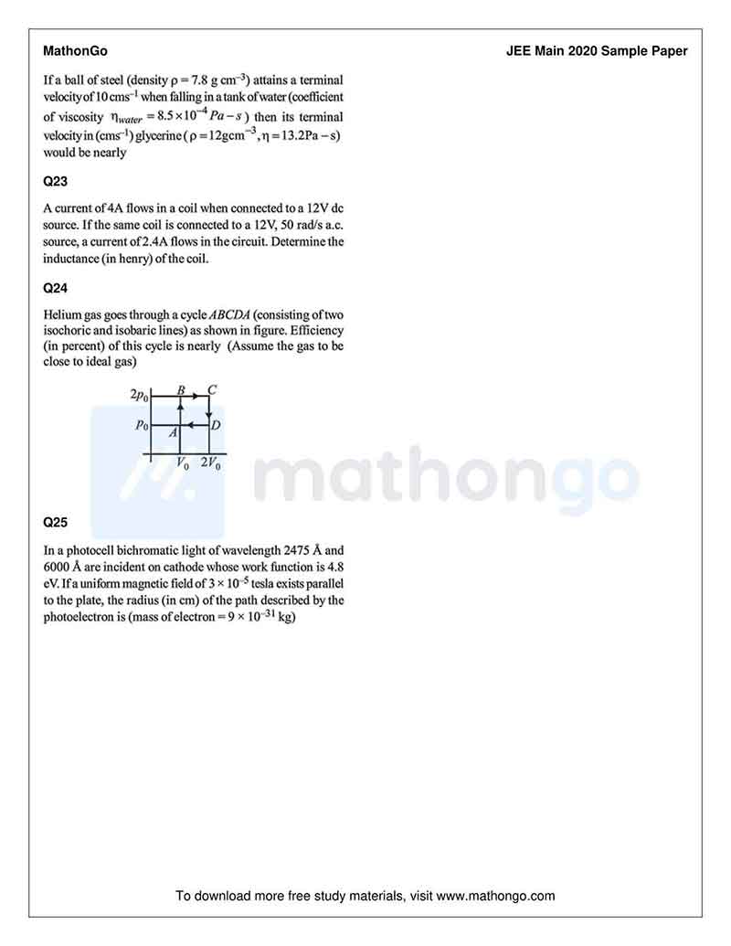 JEE Main 2020 Sample Mock Paper-1 – MathonGo