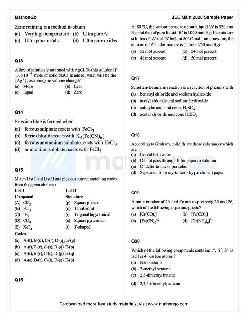 JEE Main 2020 Sample Mock Paper-1 – MathonGo