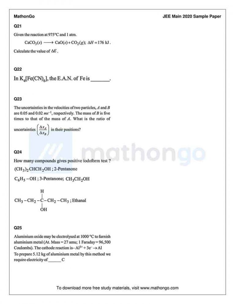 JEE Main 2020 Sample Mock Paper-1 – MathonGo