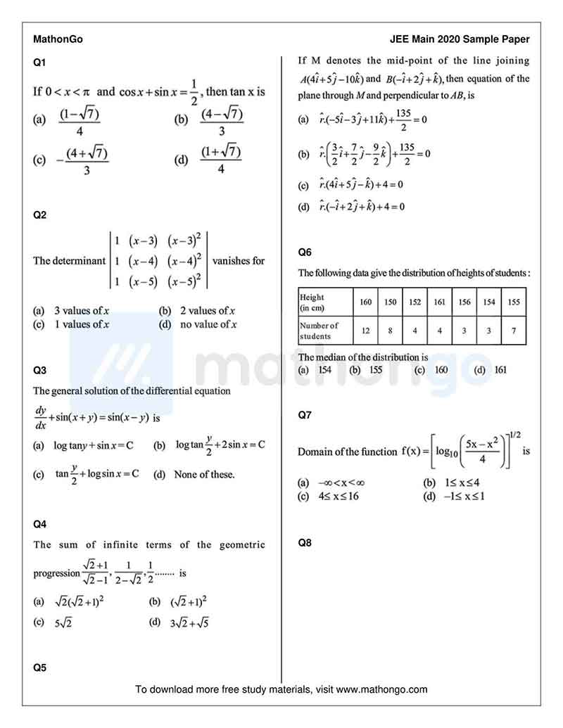 JEE Main 2020 Sample Mock Paper-1 – MathonGo