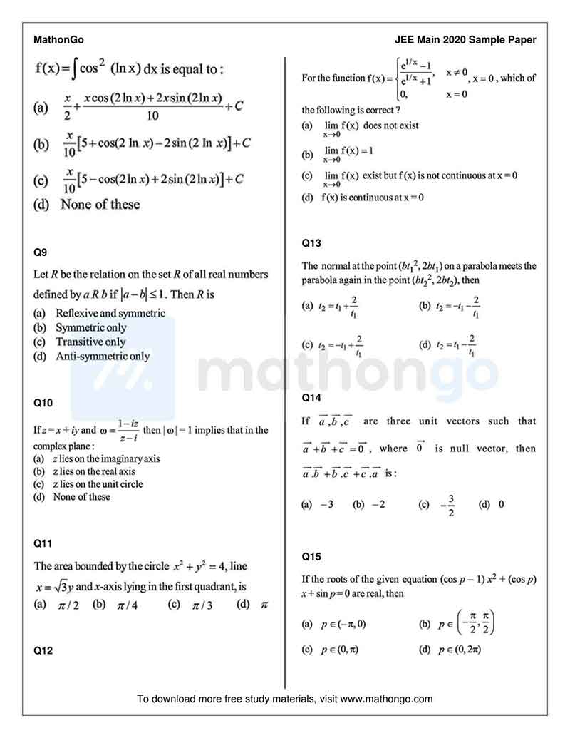 JEE Main 2020 Sample Mock Paper-1 – MathonGo