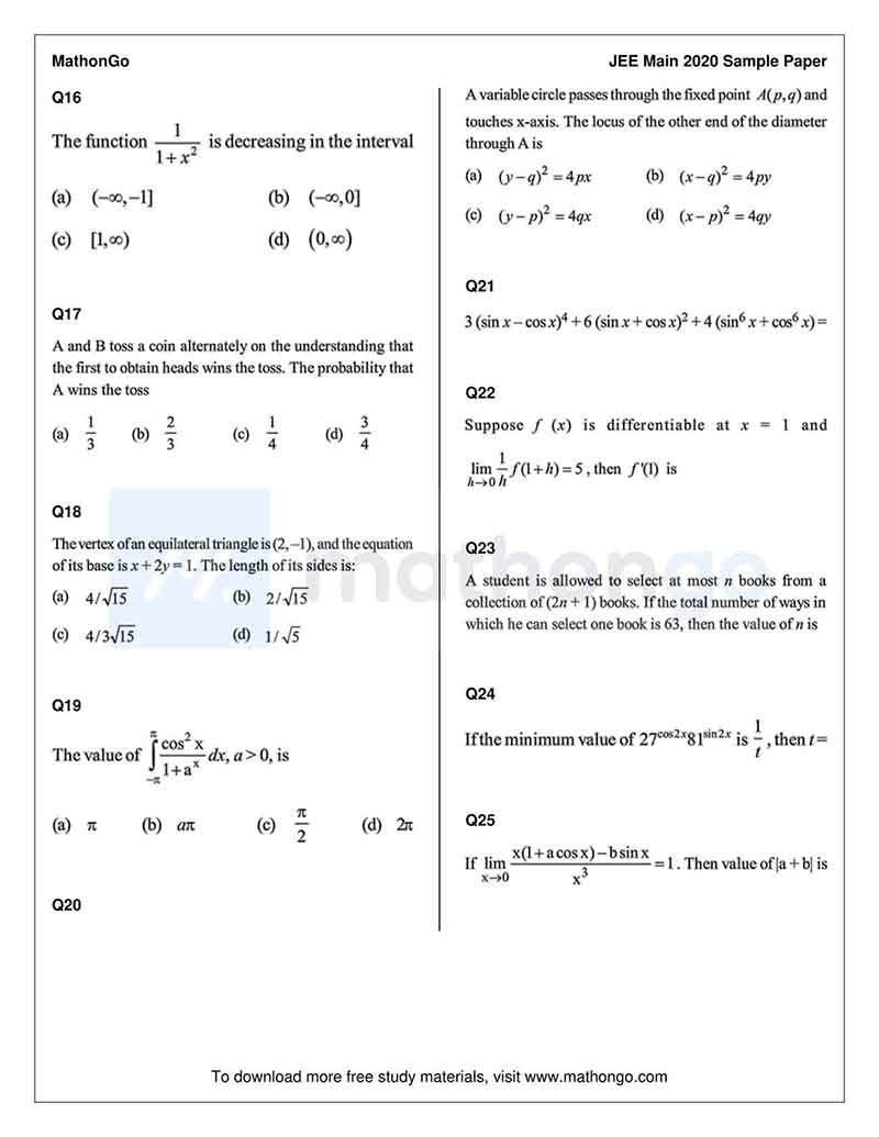 JEE Main 2020 Sample Mock Paper-1 – MathonGo