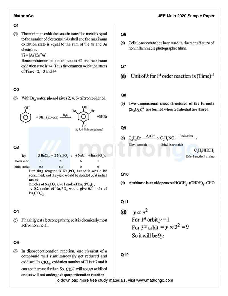 JEE Main 2020 Sample Mock Paper-1 – MathonGo