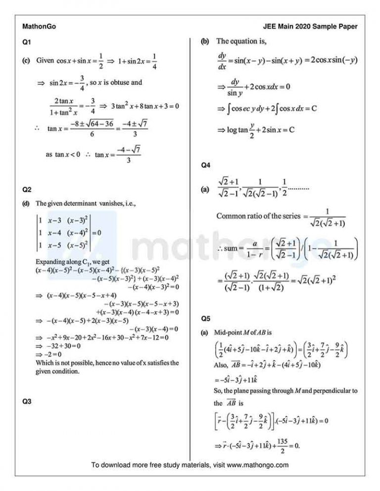 JEE Main 2020 Sample Mock Paper-1 – MathonGo