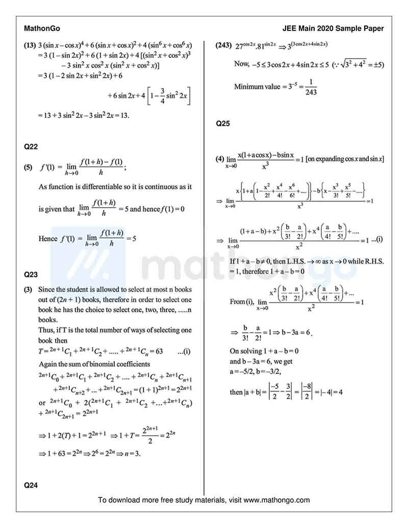 JEE Main 2020 Sample Mock Paper-1 – MathonGo