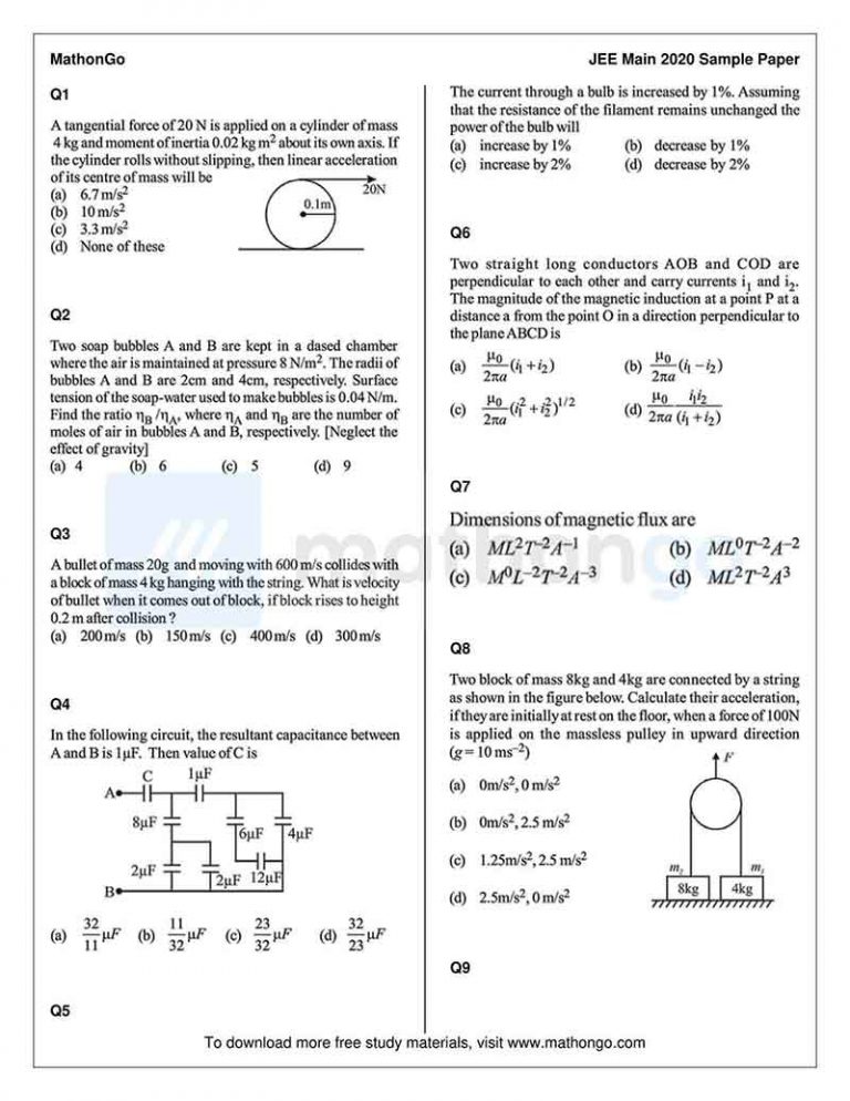 JEE Main 2020 Sample Mock Paper-2 – MathonGo