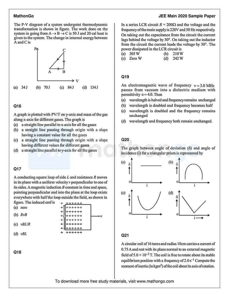 JEE Main 2020 Sample Mock Paper-2 – MathonGo