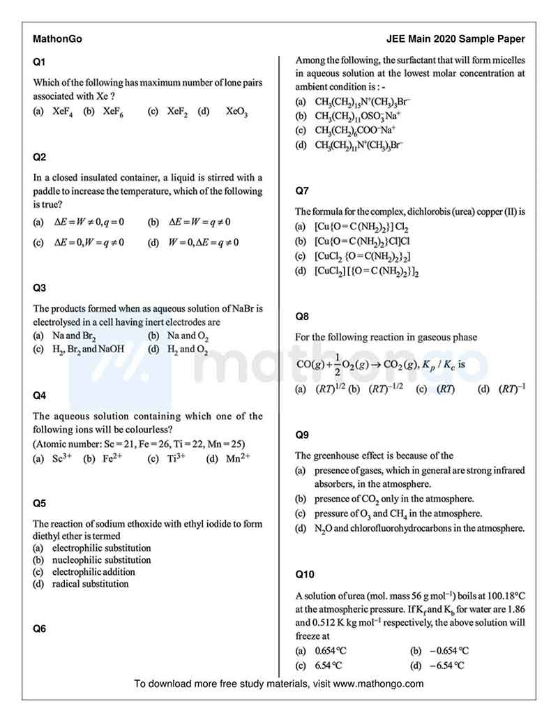JEE Main 2020 Sample Mock Paper-2 – MathonGo