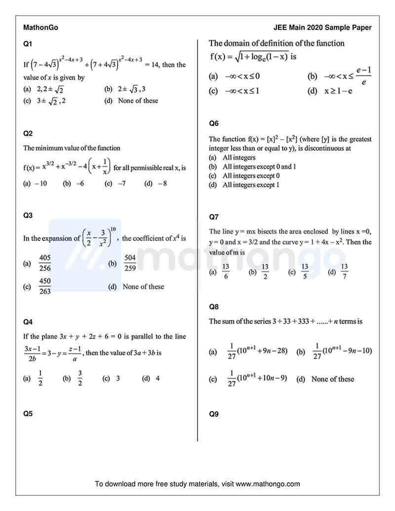 JEE Main 2020 Sample Mock Paper-2 – MathonGo