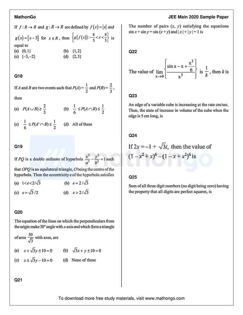 JEE Main 2020 Sample Mock Paper-2 – MathonGo