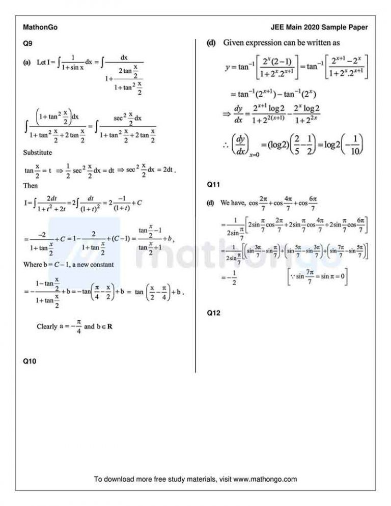 JEE Main 2020 Sample Mock Paper-2 – MathonGo