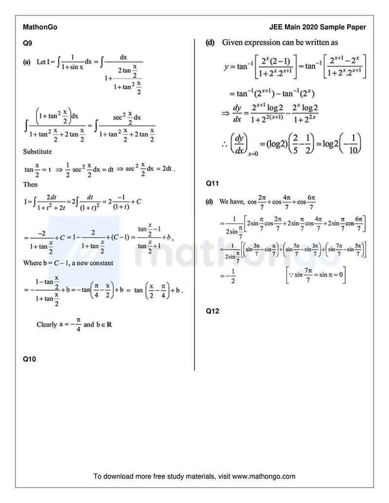JEE Main 2020 Sample Mock Paper-2 – MathonGo