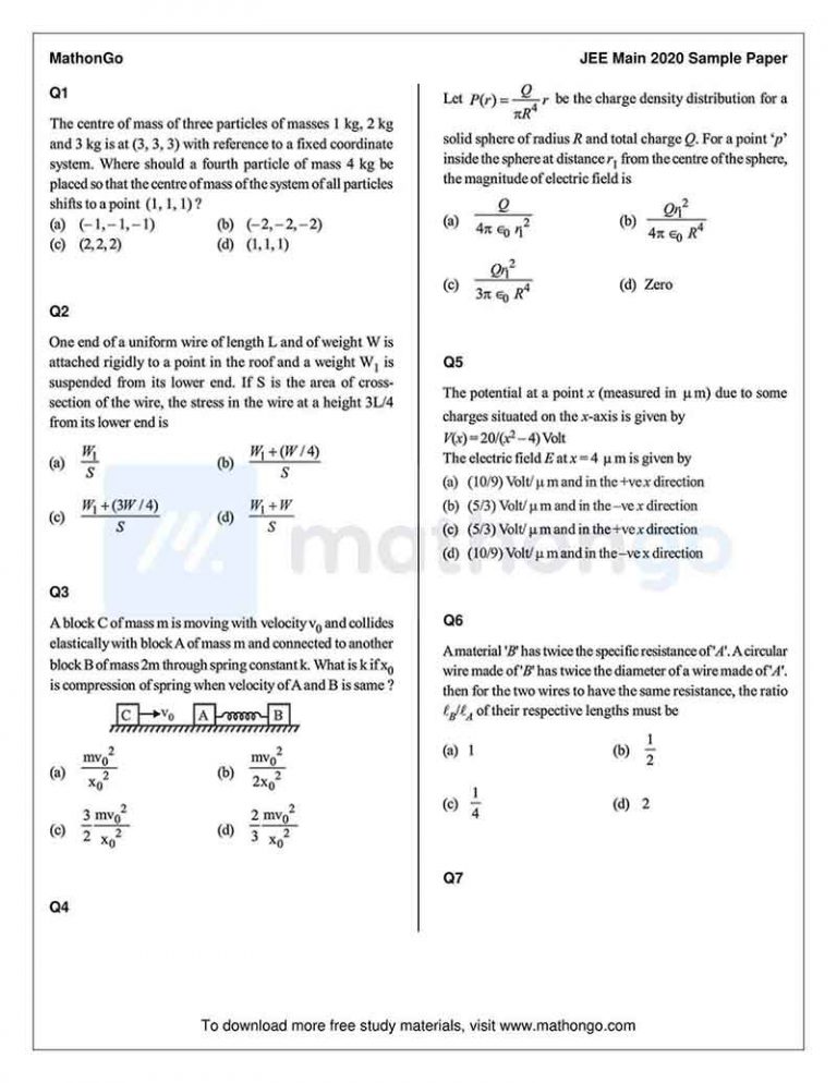 JEE Main 2020 Sample Mock Paper-3 – MathonGo