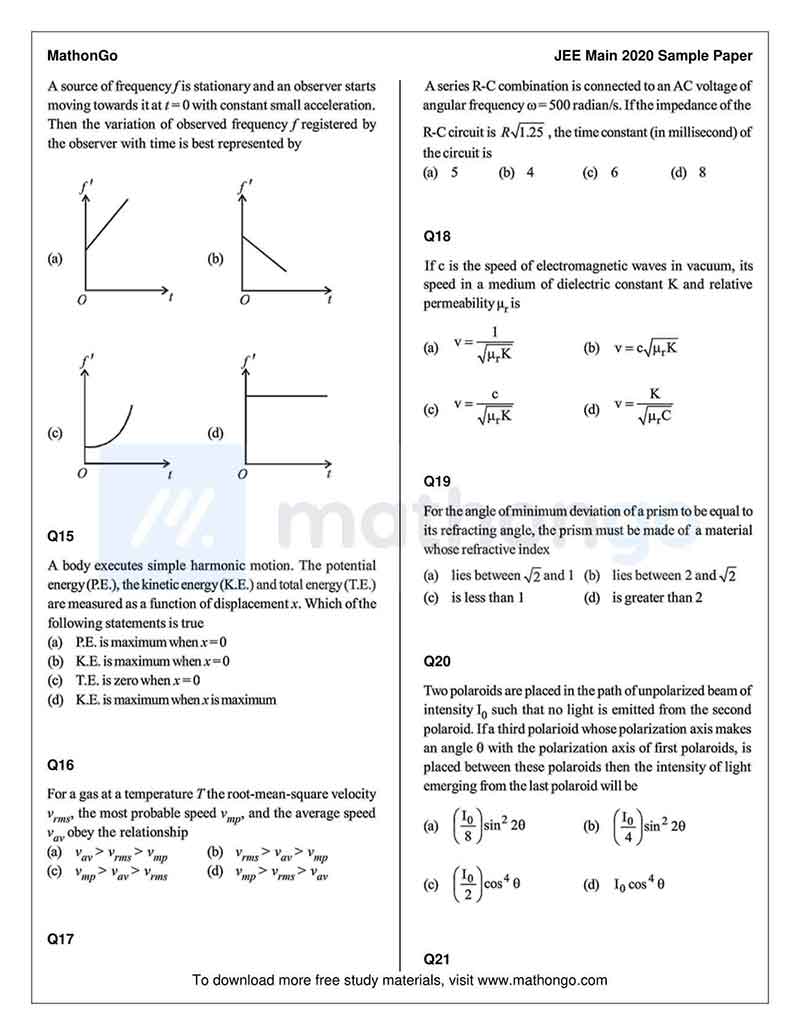 JEE Main 2020 Sample Mock Paper-3 – MathonGo