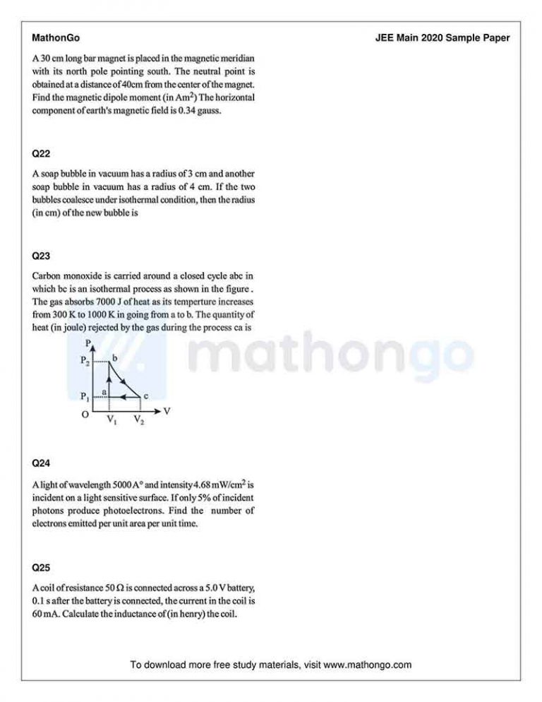 JEE Main 2020 Sample Mock Paper-3 – MathonGo