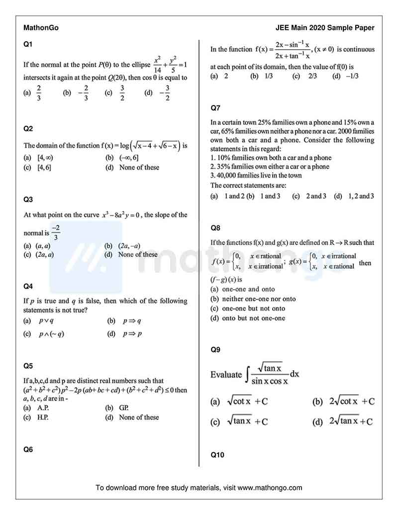 JEE Main 2020 Sample Mock Paper-3 – MathonGo