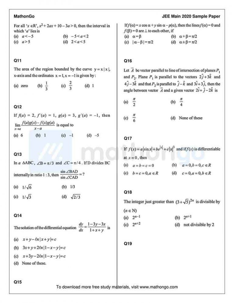 JEE Main 2020 Sample Mock Paper-3 – MathonGo