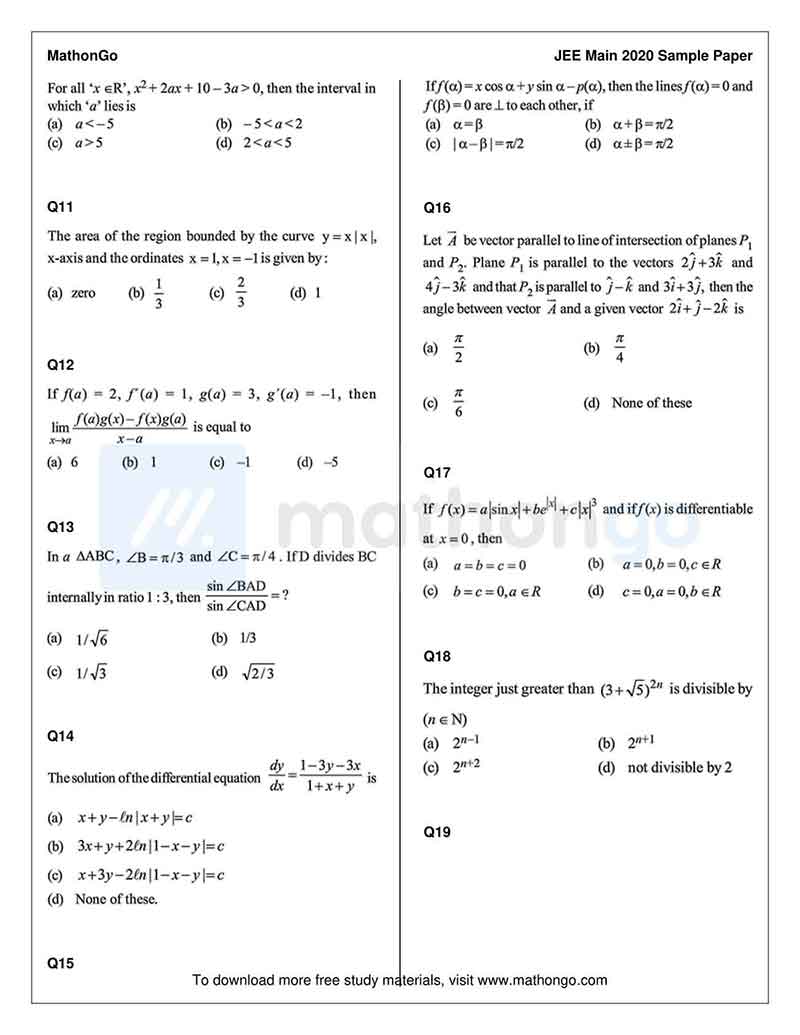 JEE Main 2020 Sample Mock Paper-3 – MathonGo