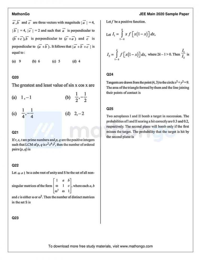JEE Main 2020 Sample Mock Paper-3 – MathonGo