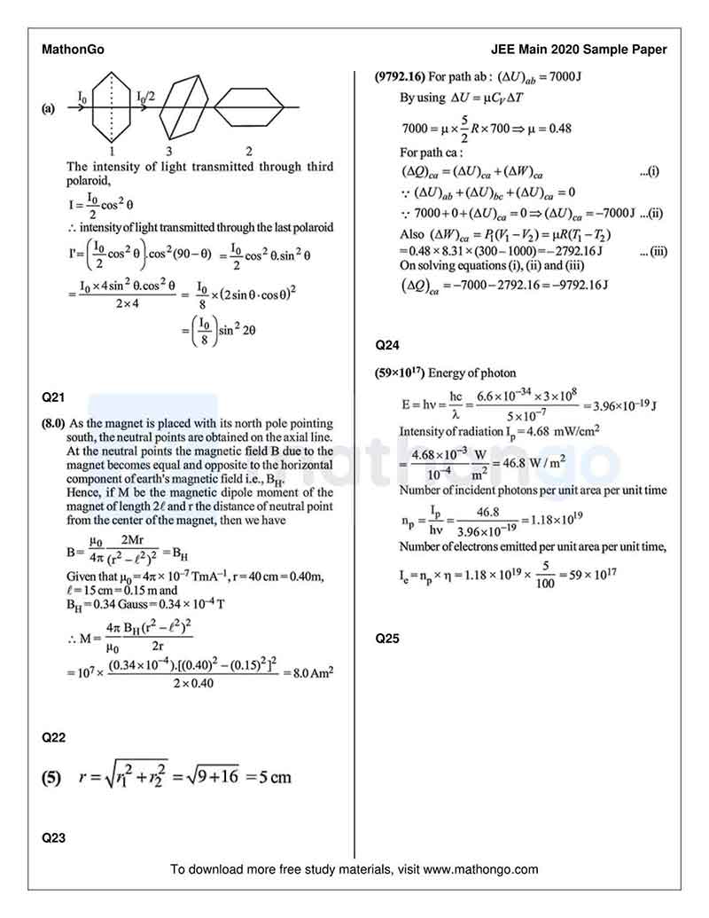 JEE Main 2020 Sample Mock Paper-3 – MathonGo
