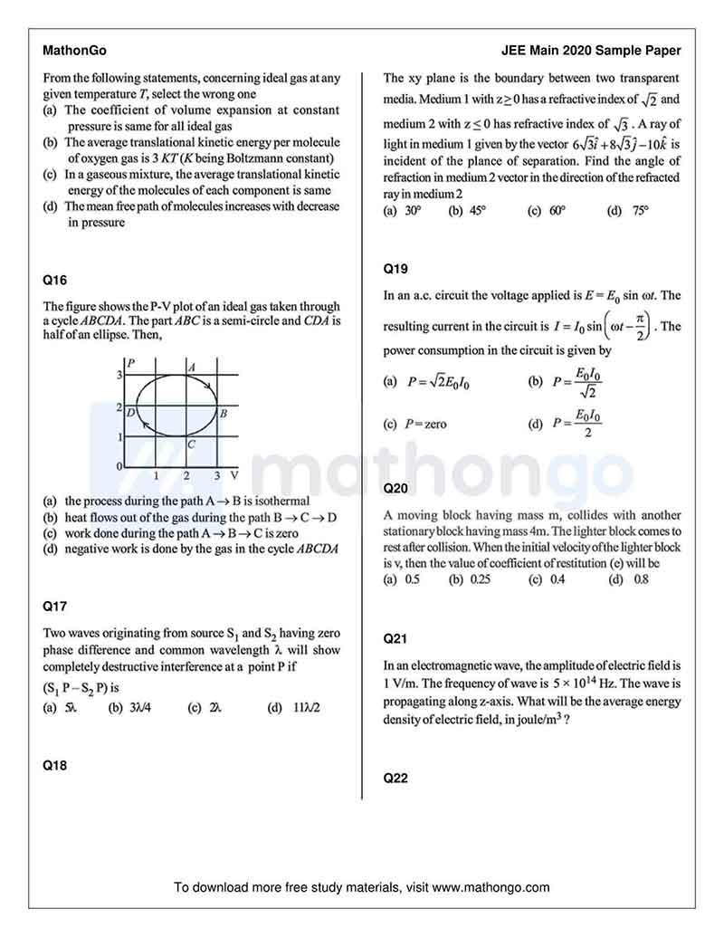 JEE Main 2020 Sample Mock Paper-4 – MathonGo