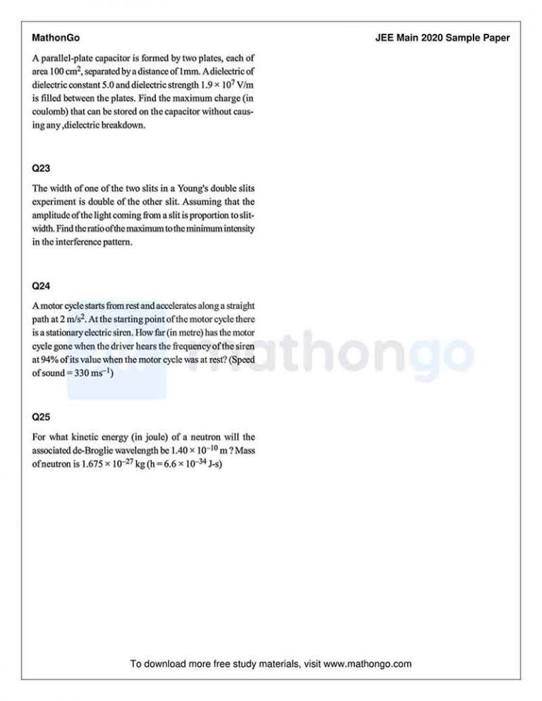JEE Main 2020 Sample Mock Paper-4 – MathonGo