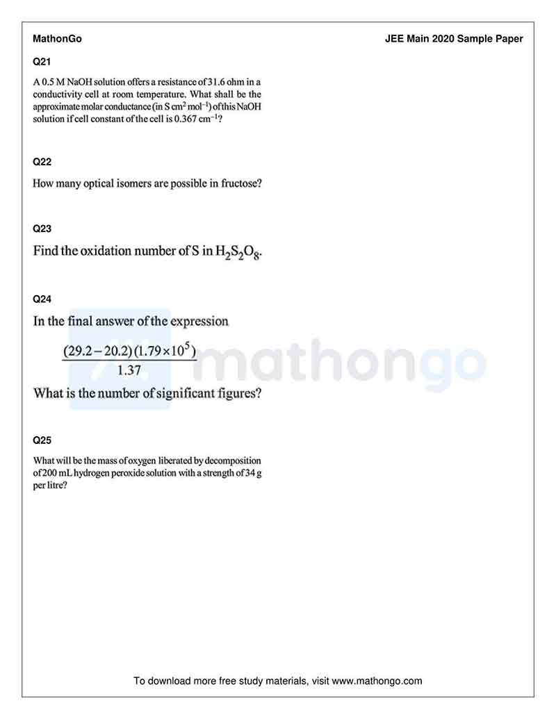 JEE Main 2020 Sample Mock Paper-4 – MathonGo