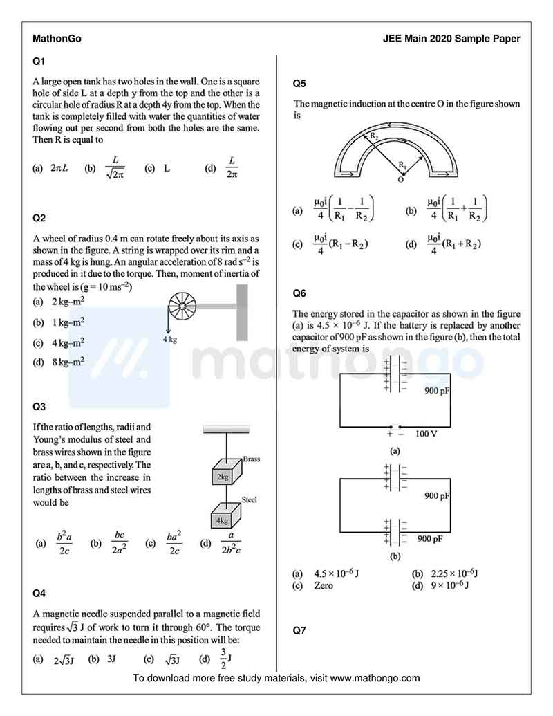 JEE Main 2020 Sample Mock Paper-5 – MathonGo