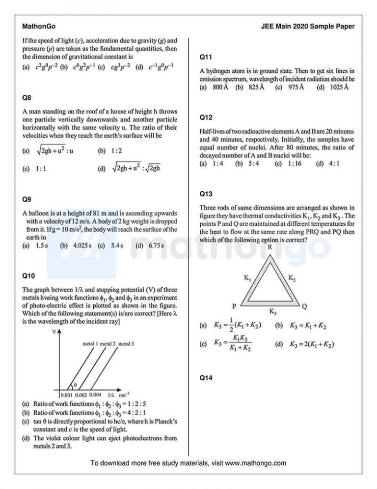 JEE Main 2020 Sample Mock Paper-5 – MathonGo
