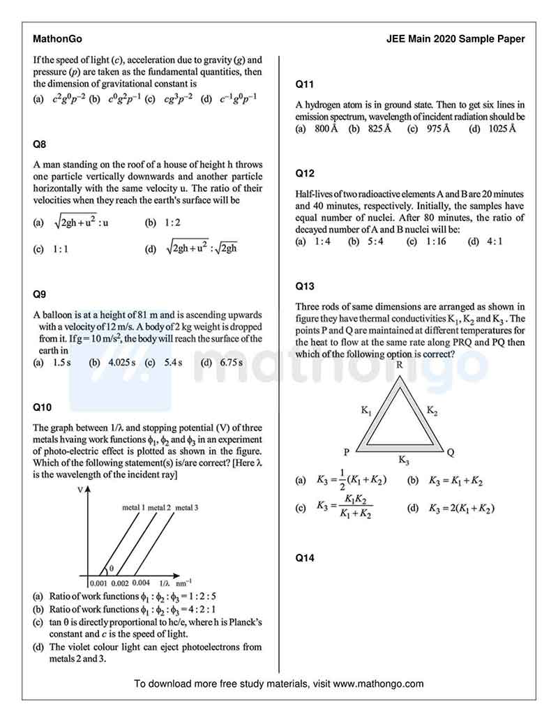 JEE Main 2020 Sample Mock Paper-5 – MathonGo