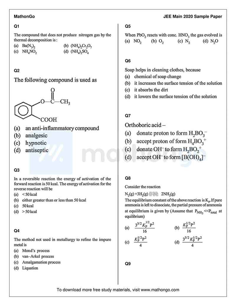 JEE Main 2020 Sample Mock Paper-5 – MathonGo