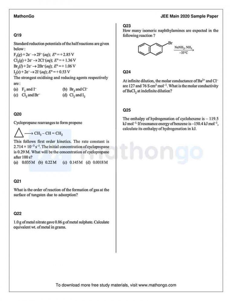 JEE Main 2020 Sample Mock Paper-5 – MathonGo