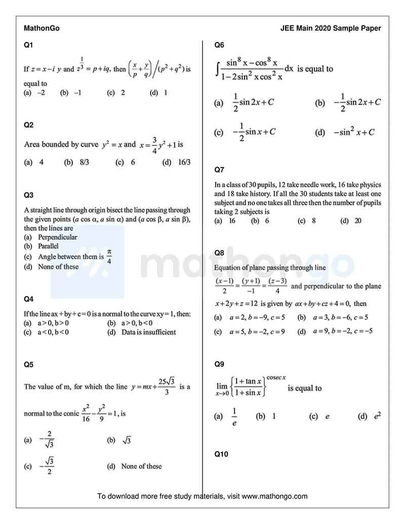 JEE Main 2020 Sample Mock Paper-5 – MathonGo