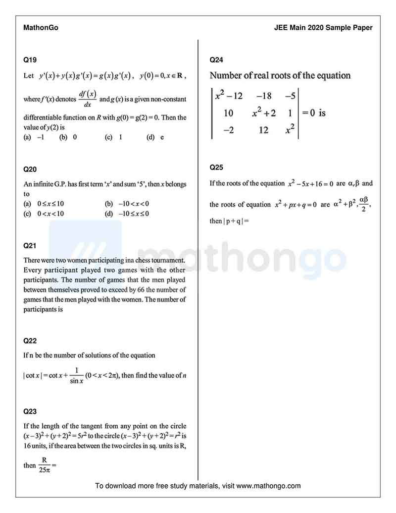 JEE Main 2020 Sample Mock Paper-5 – MathonGo