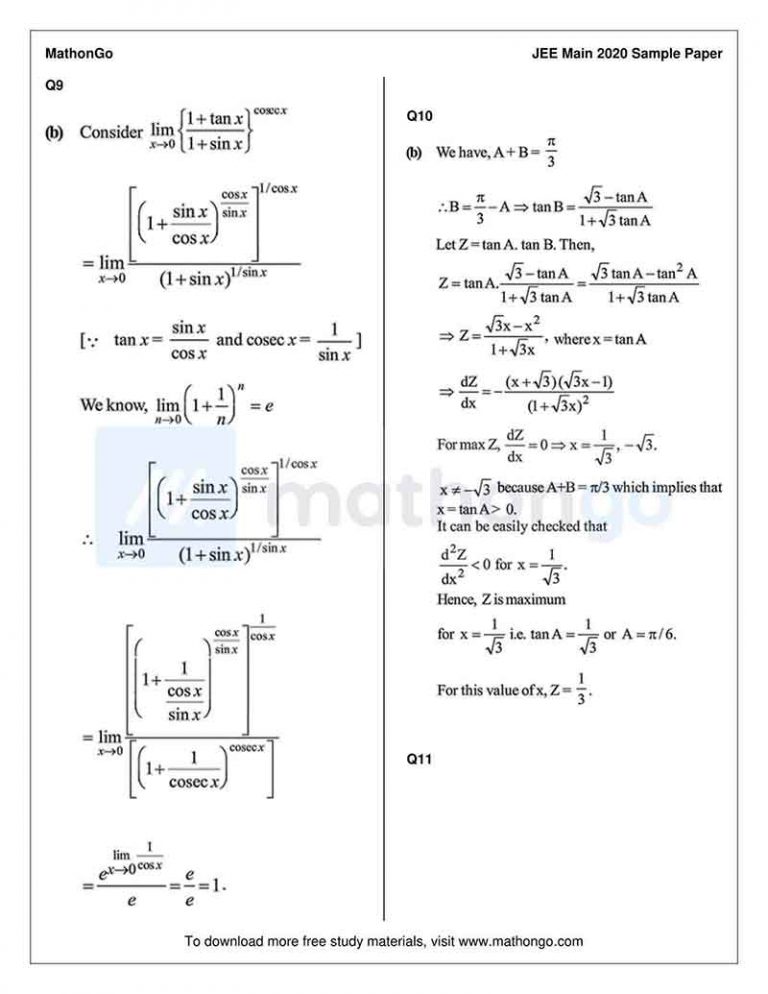 JEE Main 2020 Sample Mock Paper-5 – MathonGo