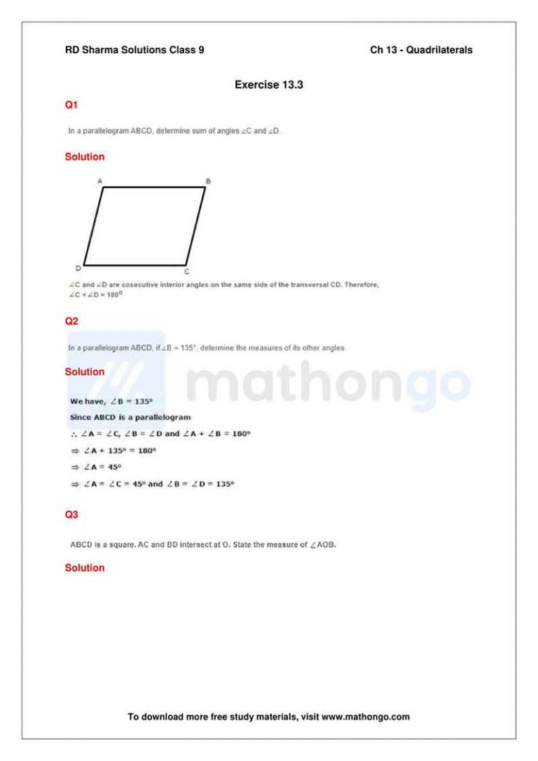 RD Sharma Class 9 Solutions Chapter 13 – Quadrilaterals – MathonGo