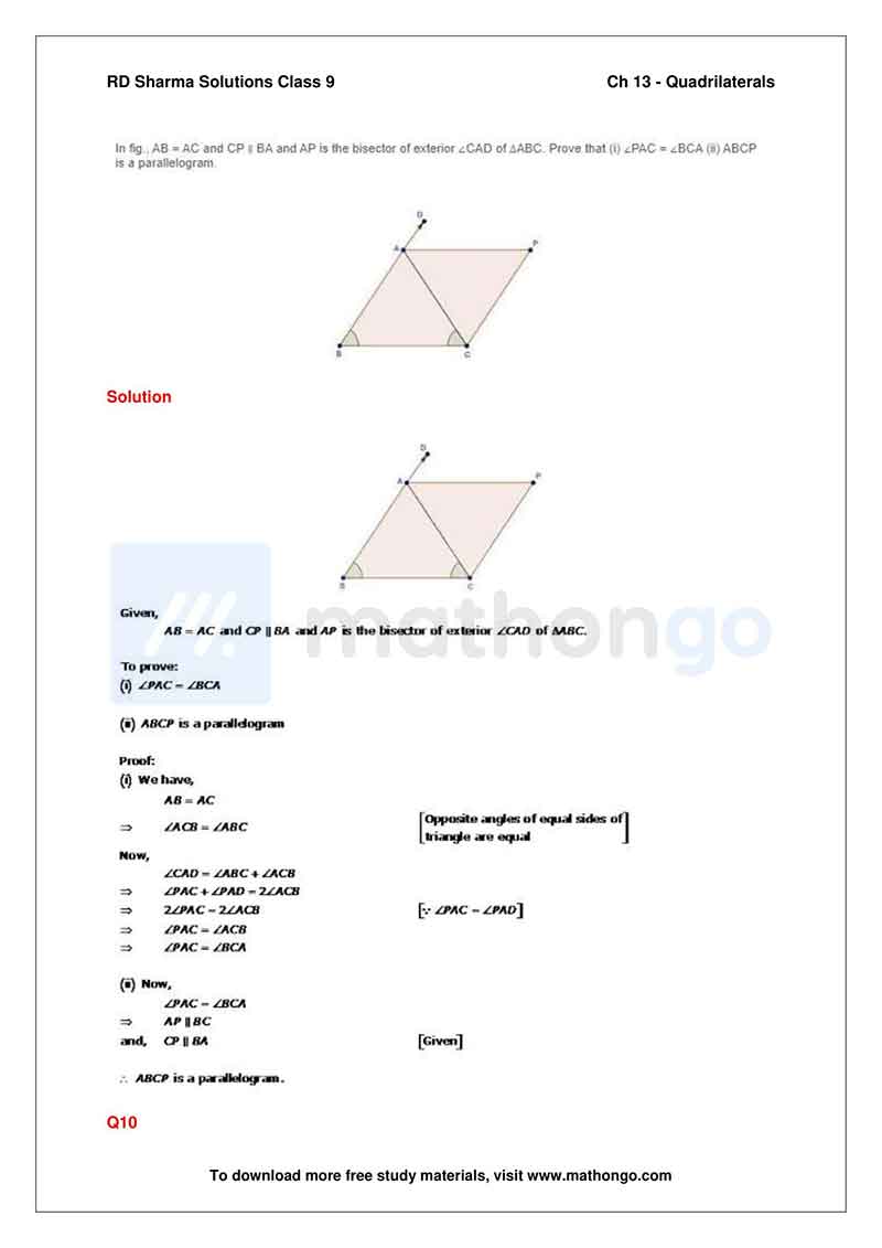 RD Sharma Class 9 Solutions Chapter 13 – Quadrilaterals – MathonGo