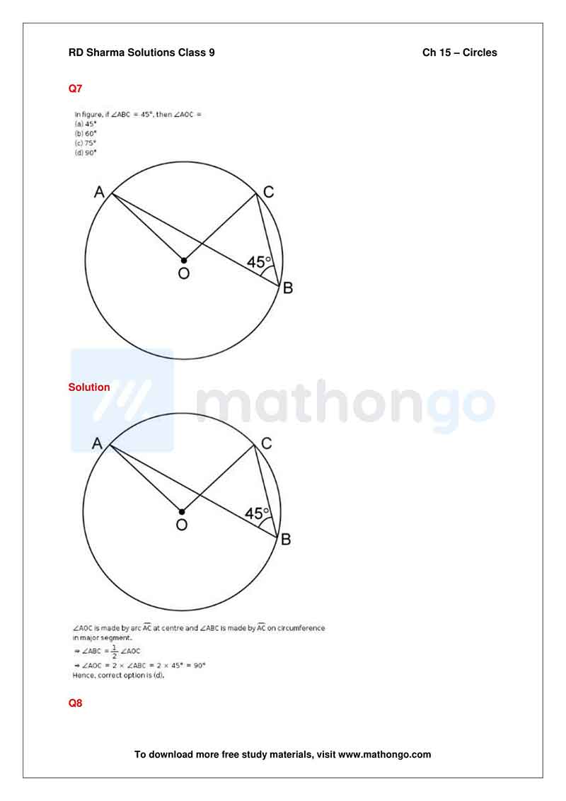 RD Sharma Class 9 Solutions Chapter 15 – Circles – MathonGo