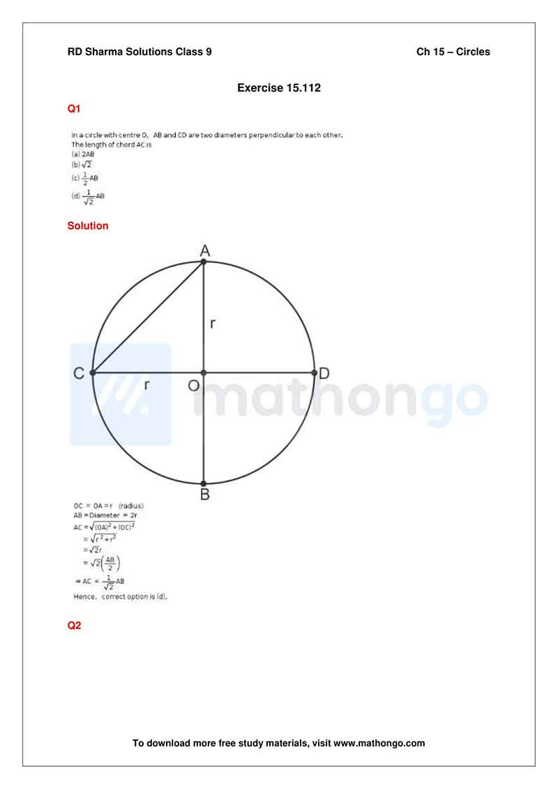 RD Sharma Class 9 Solutions Chapter 15 – Circles – MathonGo