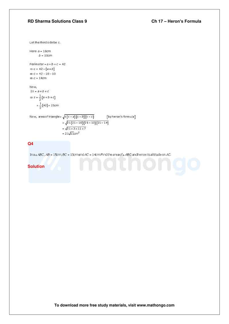 RD Sharma Class 9 Solutions Chapter 17 – Heron’s Formula – MathonGo