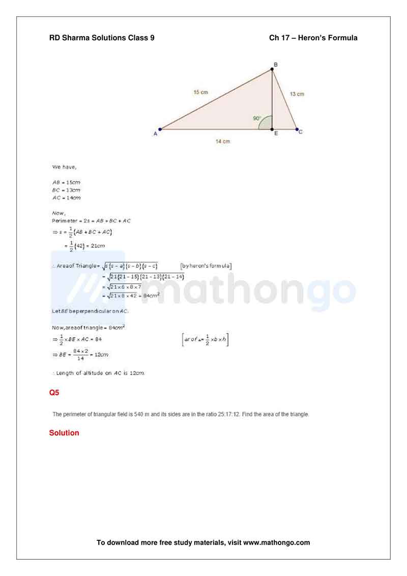 RD Sharma Class 9 Solutions Chapter 17 – Heron’s Formula – MathonGo