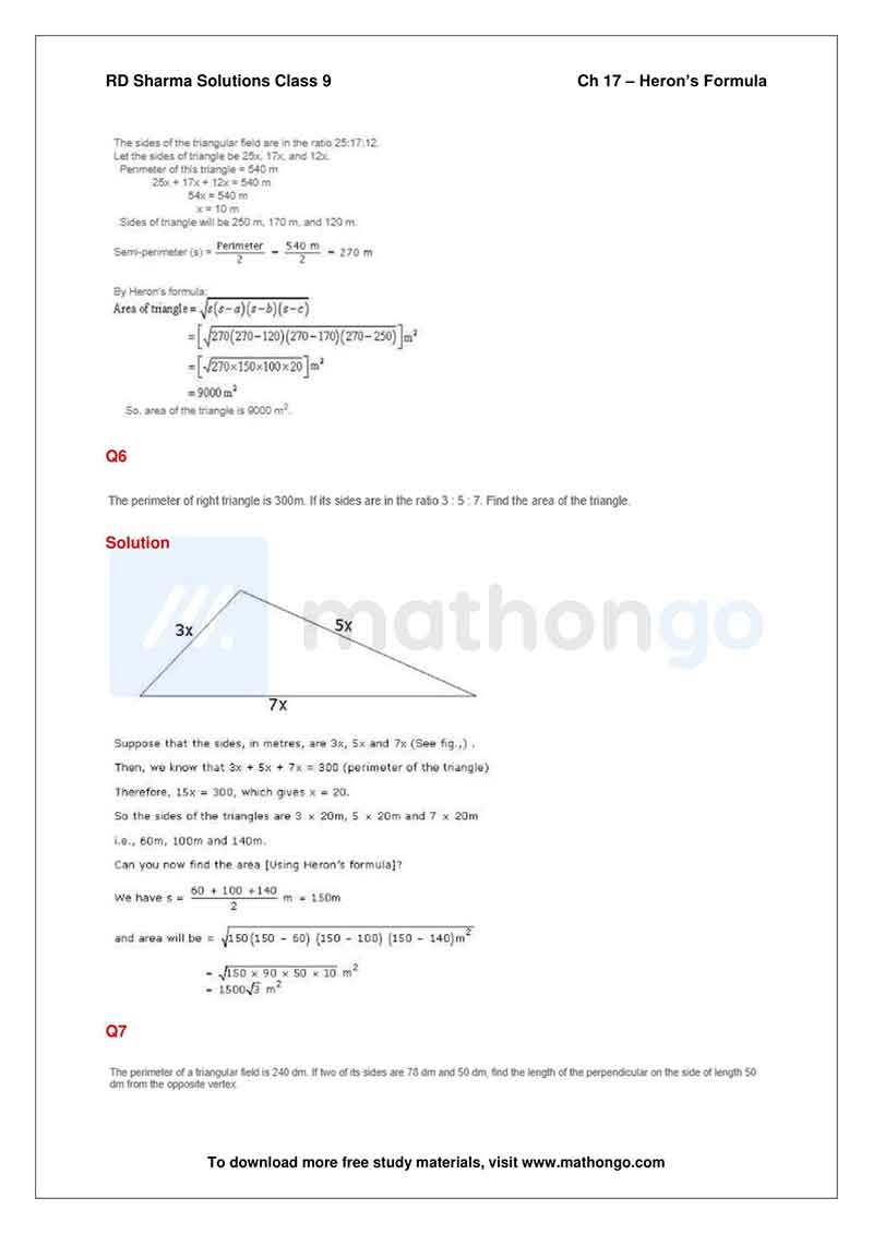 RD Sharma Class 9 Solutions Chapter 17 – Heron’s Formula – MathonGo