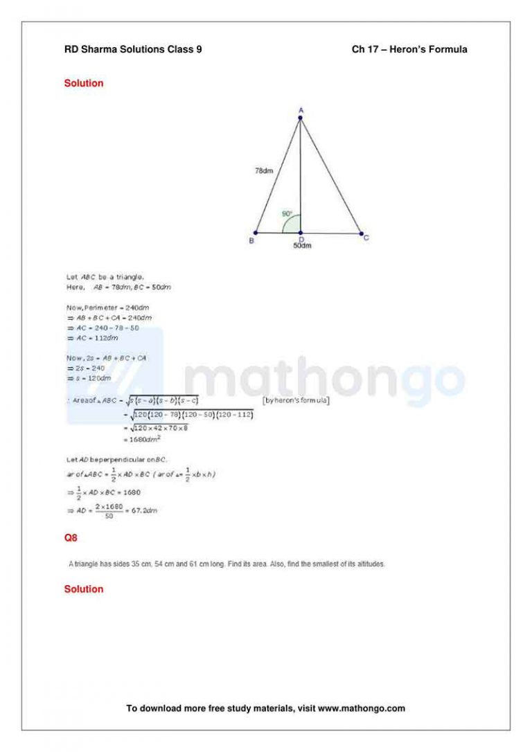 RD Sharma Class 9 Solutions Chapter 17 – Heron’s Formula – MathonGo